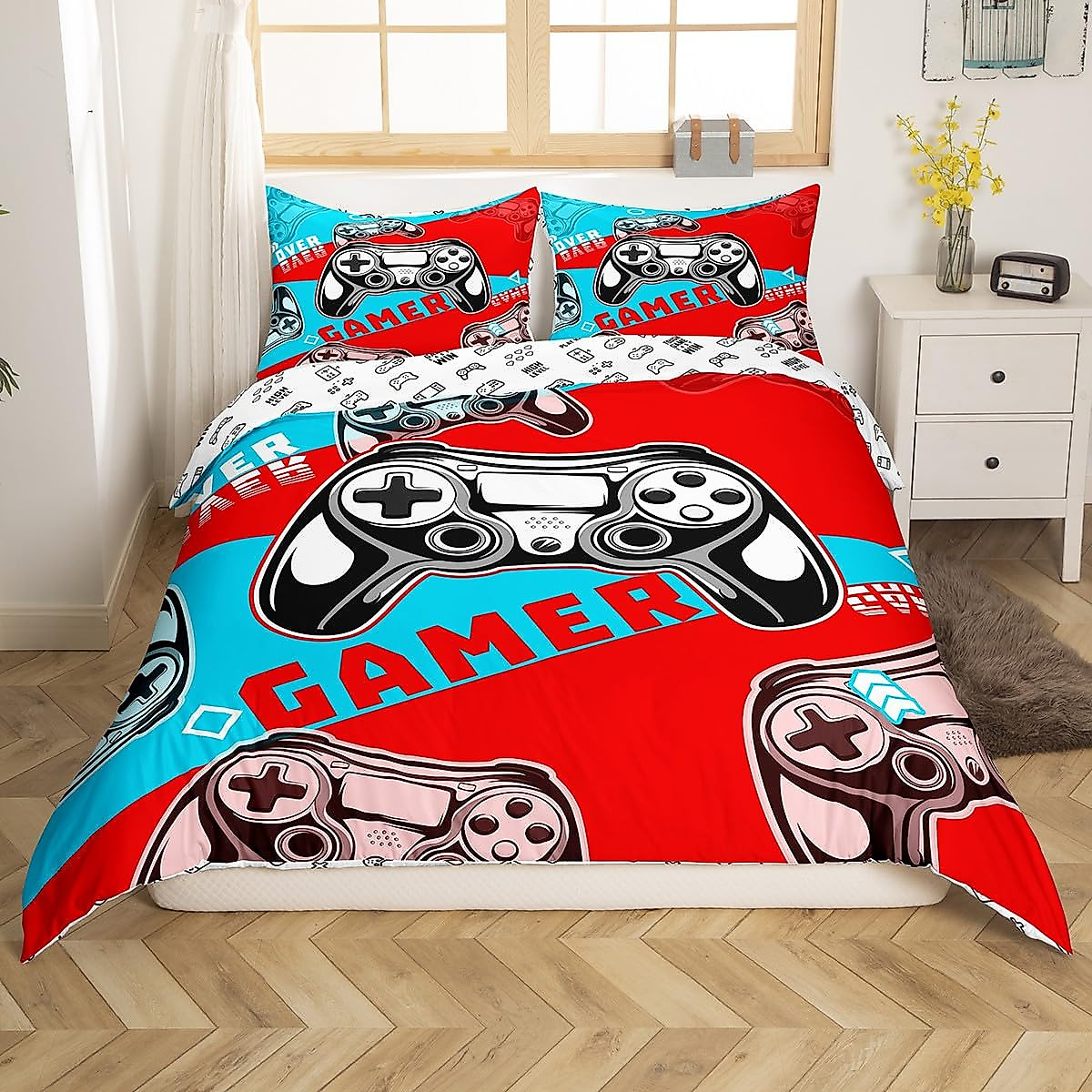 Erosebridal Gamer Duvet Cover for Boys Girls Kids Teens,Video Game Bedding Set Twin Size,Gaming Comforter Cover Gamer Room Decor,Red Teal Gamepad Controller Bed Set 1 Duvet Cover & 1 Pillowcase