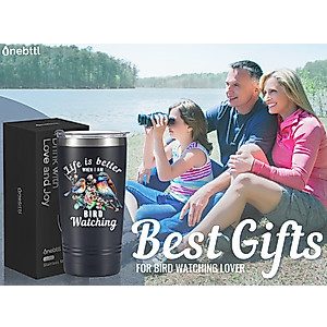 Onebttl Bird Watching Tumbler for Lovers & Watchers, 20oz Stainless Steel Insulated With Lid & Straw, Gift Card & Box Included, Best Birthday Gift - Black