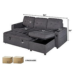 VanAcc Sleeper Sofa, Modern Tufted Convertible Sofa Bed, USB Charging Ports & Cup Holders, L Shaped Sofa Couch with Storage Chaise, Chenille Couches for Living Room (Dark Grey)