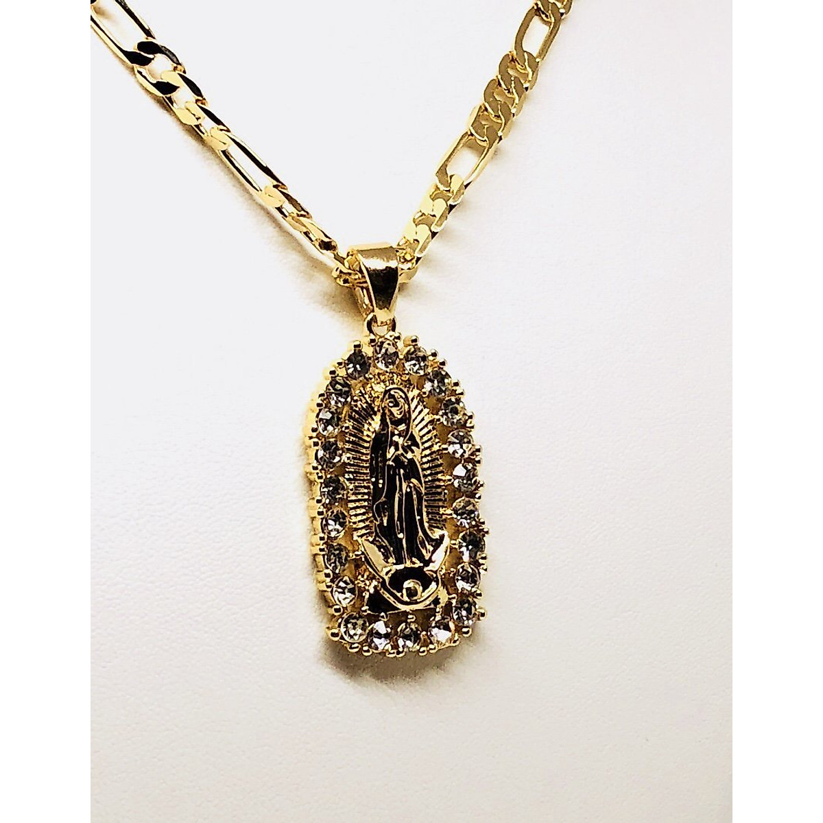 Gold Plated Virgin Mary Pendant Necklace Figaro 26" Virgen de Guadalupe Medalla Oro Laminado
