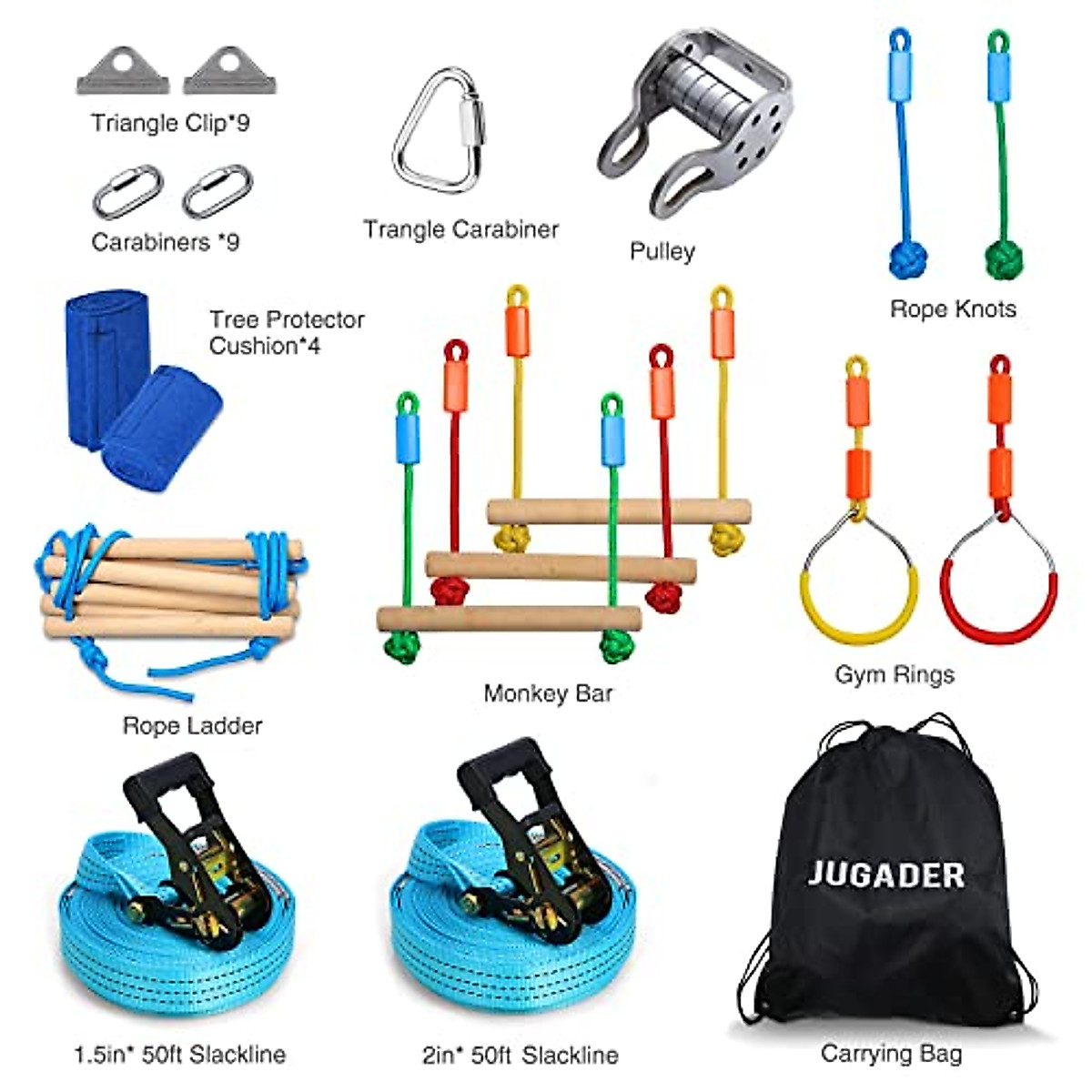 Jugader 2X50ft Ninja Warrior Obstacle Course for Kids with Pulley, Ninja Warrior Slackline Kit with Accessories, Monkey Bars, Gym Rings,Climbing Ladder