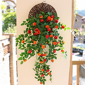 RIDDSEE Artificial Hanging Flowers Rose with Basket - Fake Silk Floral Hanging Ivy Greenery Faux Flower Long Vines for Wall Home Room Garden Wedding Indoor Outdoor Decoration (Orange)