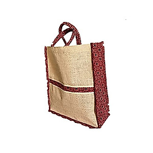 Stylish Hand made Jute Bags - Unique bag designs (supports under privileged women), Beige With Red Or Yellow Accents