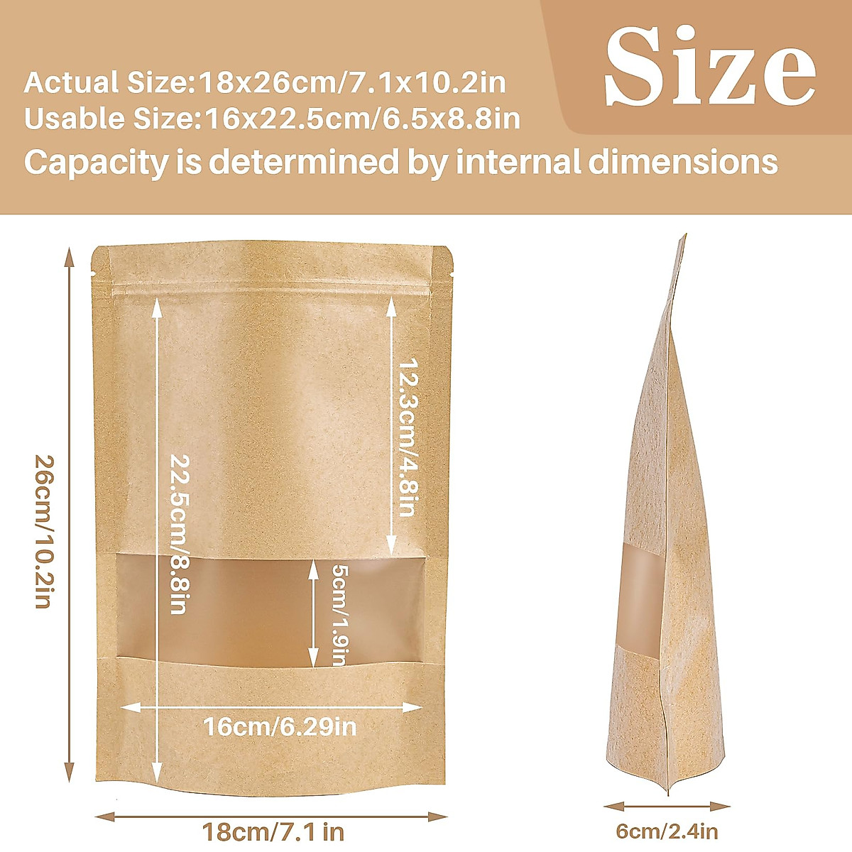 MAQIHAN 24 Stand Up Pouches Bags - 7"×10" Resealable Ziplock Kraft Paper Bags with Window Food Packaging Homemade Bagel Bread Cookie Candy Tea Herb Spice Coffee Jerky Dog Treat Bags Small Business