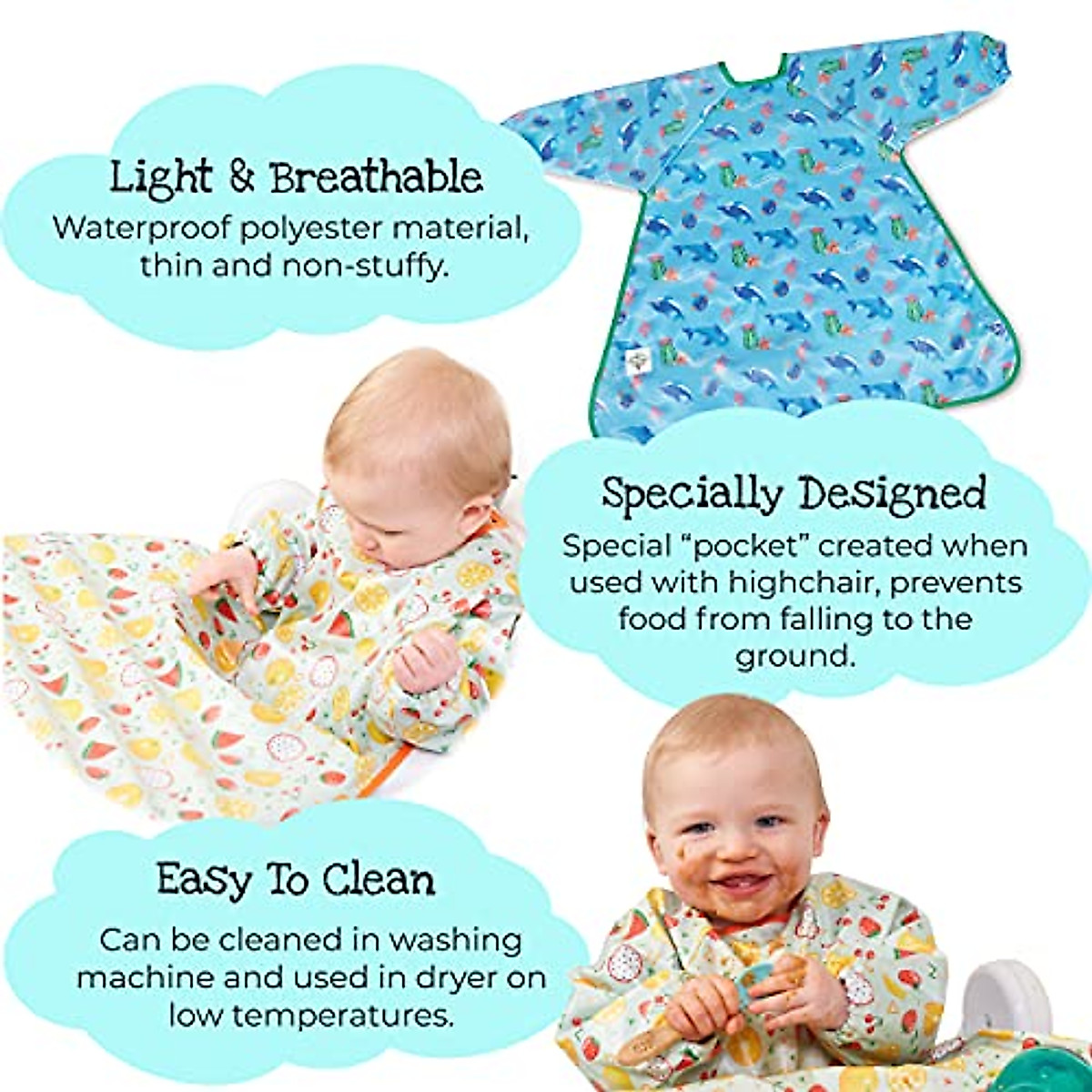 ShiShu Creations Weaning Bib Feeding Bib, Long Sleeve Bib, Ideal for Baby Led Weaning (BLW), Waterproof & Stain Resistant (Twin)