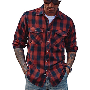 PJ PAUL JONES Mens Casual Button Down Shirts Flannel Plaid Cotton Regular Fit Long Sleeve Shirts Red Large