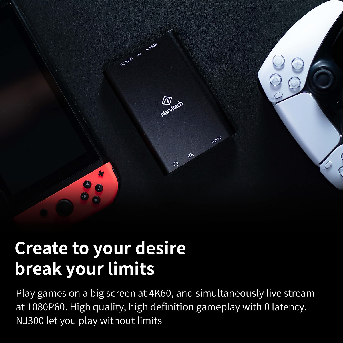 Narvitech NJ300, External Capture Card. 4K60 Passthrough, Stream and Record in 1080P60 with ultra-low latency on PS5, PS4, Xbox Series X/S, in OBS and more, on PC and Mac. Supports Party Chat capture.