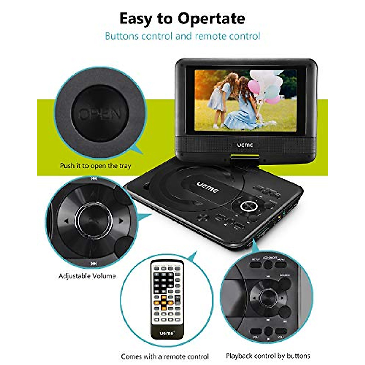 UEME Mini DVD Player for Kids with 7 inches Swivel Screen and Internal Rechargeable Battery, Support DVD CD USB SD Card, with Car Headrest Mount Holder, Region Free