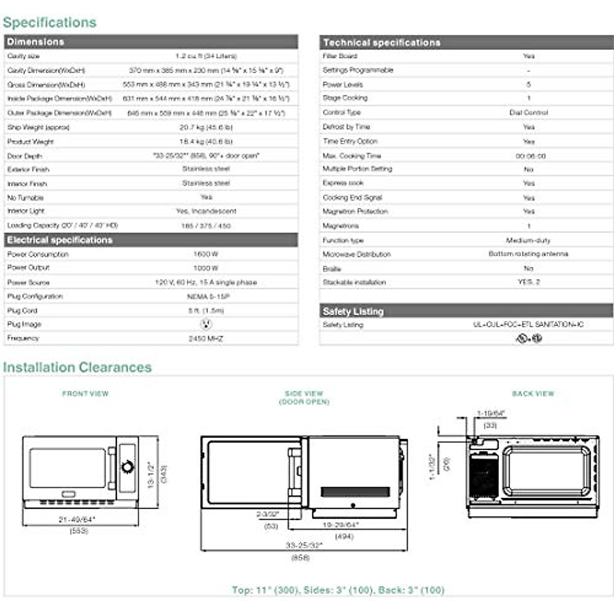 Midea Equipment 1034N0A Countertop Commercial Microwave Oven with Dial, 1000W, Stainless Steel, 1.2 CuFt