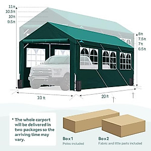ADVANCE OUTDOOR 10x20 ft Heavy Duty Carport with Window Sidewalls and Doors, Adjustable Height from 9.5 ft to 11 ft, Car Canopy Garage Party Tent Boat Shelter, Green