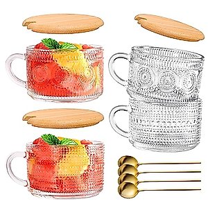 Qmioti Vintage Glass Coffee Mugs 4 Pack, 14 oz Glass Coffee Tea Cups with Lid and Golden Spoons, Clear Embossed Glass Cup Sets for Latte, Cereal, Cappuccino, Yogurt, Milk, Beverages and Cute Gifts