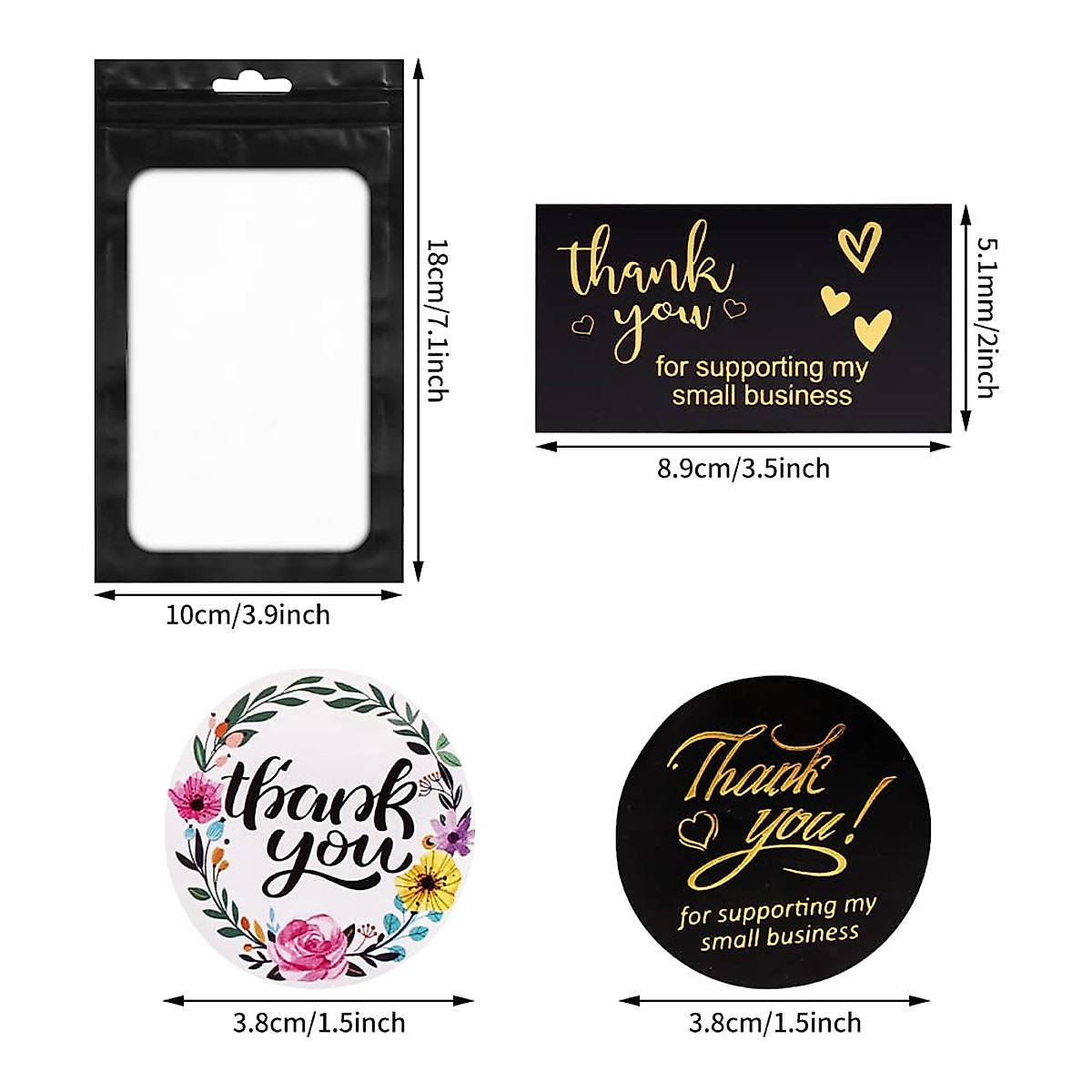 1130pcs Thank You Cards and Stickers Set,100pcs Gold Foil Thank You for Supporting My Business Cards 1000 Thank You Stickers Label Roll with Packaging Bag for Business Greeting(Black)