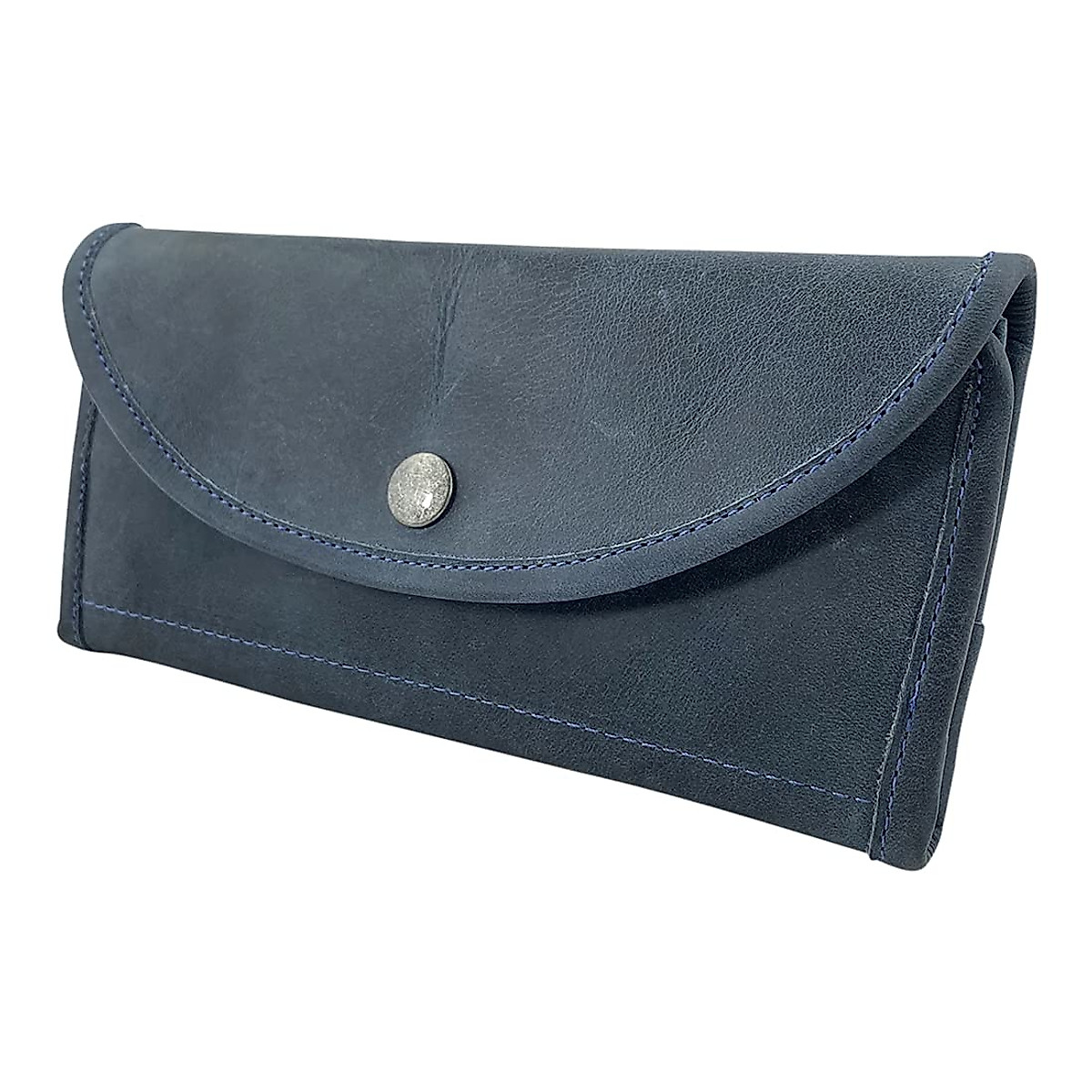 Hide & Drink, Full Grain Leather Snap Clutch Wallet for Women, Money Holder and Card Organizer with Zippered Pouch, Handmade, Slate Blue
