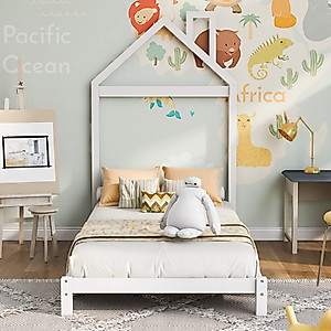 Twin Size House Platform Bed Frame Mattress Foundation with Headboard/No Box Spring Needed/Easy Assembly, White