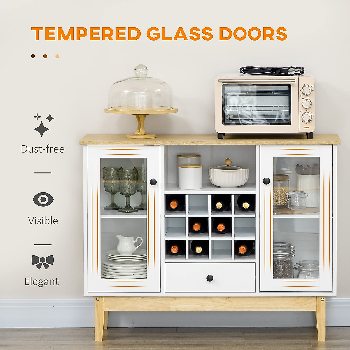 HOMCOM Wine Cabinet, Coffee Bar Cabinet with 12-Bottle Wine Rack, Drawer and Glass Doors, Kitchen Buffet Cabinet, White