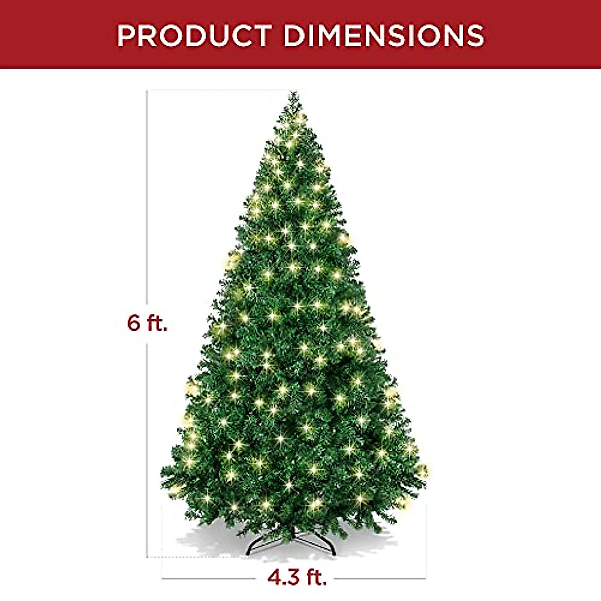 Best Choice Products 6ft Pre-Lit Premium Hinged Artificial Holiday Christmas Pine Tree for Home, Office, Party Decoration w/ 1,000 Branch Tips, 250 Lights, Metal Hinges & Foldable Base