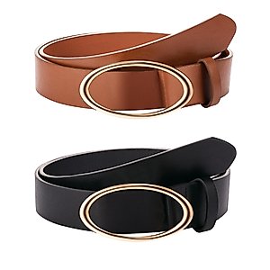 Syhood 2 Pack Women's Leather Belts for Jeans Dresses Fashion Ladies Belt with Gold Double Ring Buckle Brown Black