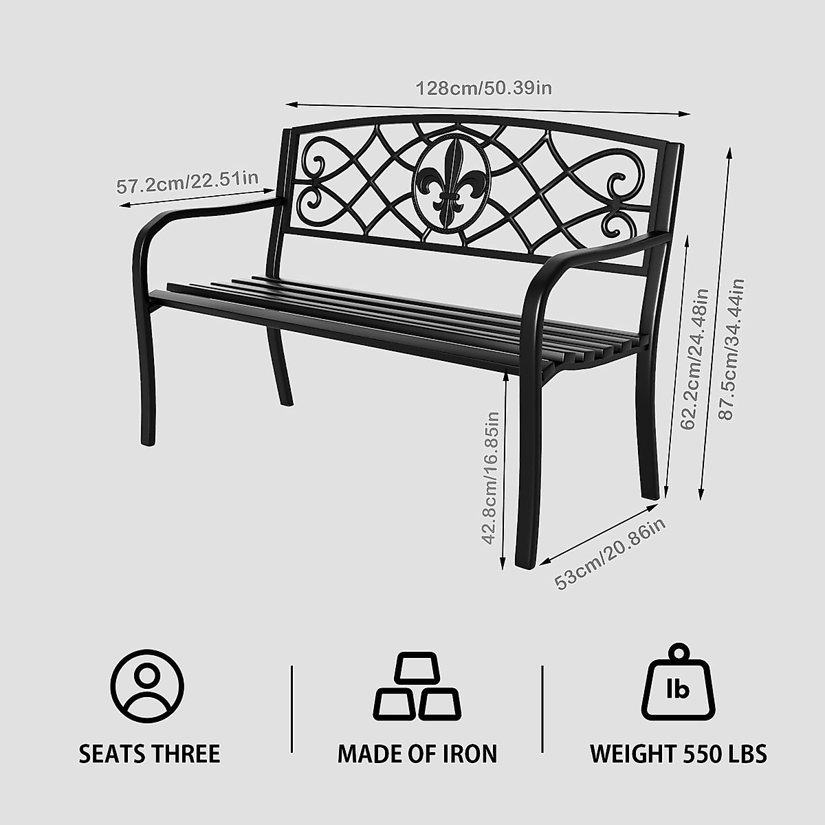 HCSH&WILL Outdoor Bench, Weatherproof Park Bench, Classic Garden Bench with Backrest & Armrests, Outdoor Metal Bench for Patio, Porch, Lawn and Yard, Black