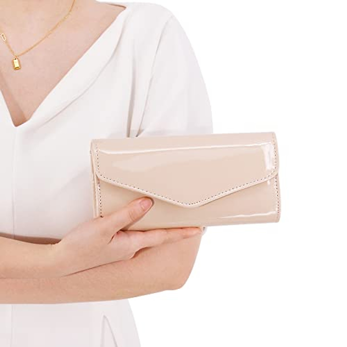 jascaela Women's Patent Leather Envelope Evening Clutch Purses Solid Color Casual Mini Crossbody Bag - Nude