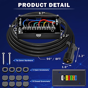 CheeMuii 7 Way Trailer Wiring Harness Kit 8 FT Trailer Cord with 7 Pin Trailer Plug and Junction Box Kit Premium Light and Brake Wiring Wires for Trailer RV