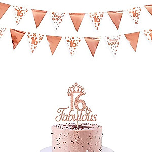 40Ft Rose Gold 16th Happy Birthday Banner Bunting Triangle Flag Pennant Garland for 16th Birthday Decorations Sweet 16 Decor Hanging 16th Birthday Streamer Sign for Girls Sweet Sixteen Party Supplies