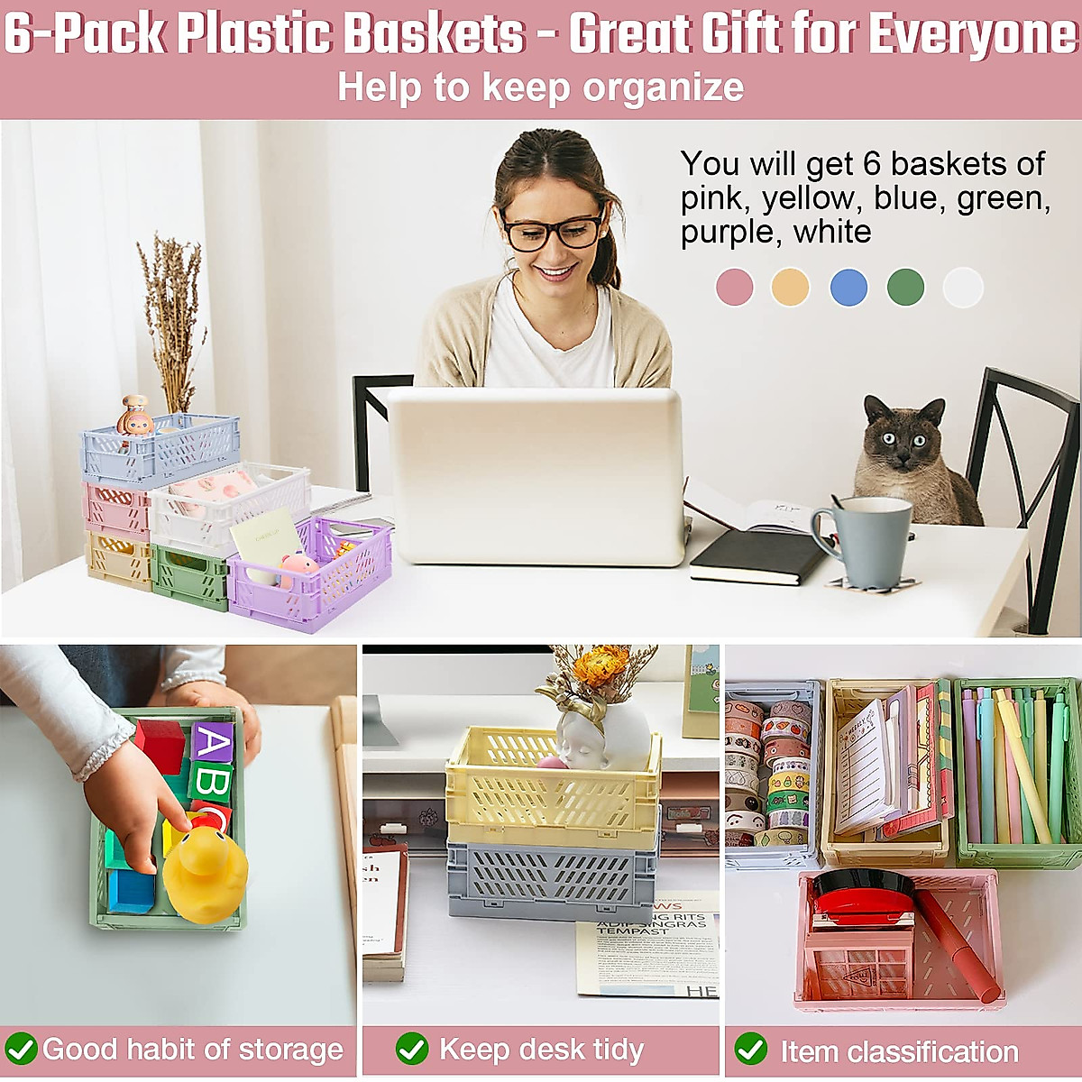6-Pack Mini Plastic Storage Basket for Shelves Organizing, Small Basket Folding Plastic Crate Compact Storage Bin Organization for Classroom Home Kitchen Office,Christmas/New Year's/Thanksgiving Gifts