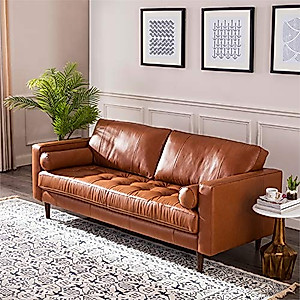 MAKLAINE 88" Top Grain Genuine Leather Tufted 3 Seater Sofa with Bolster Pillows, Mid Century Modern Lawson Style Couch with Excellent Craftsmanship, Camel Brown