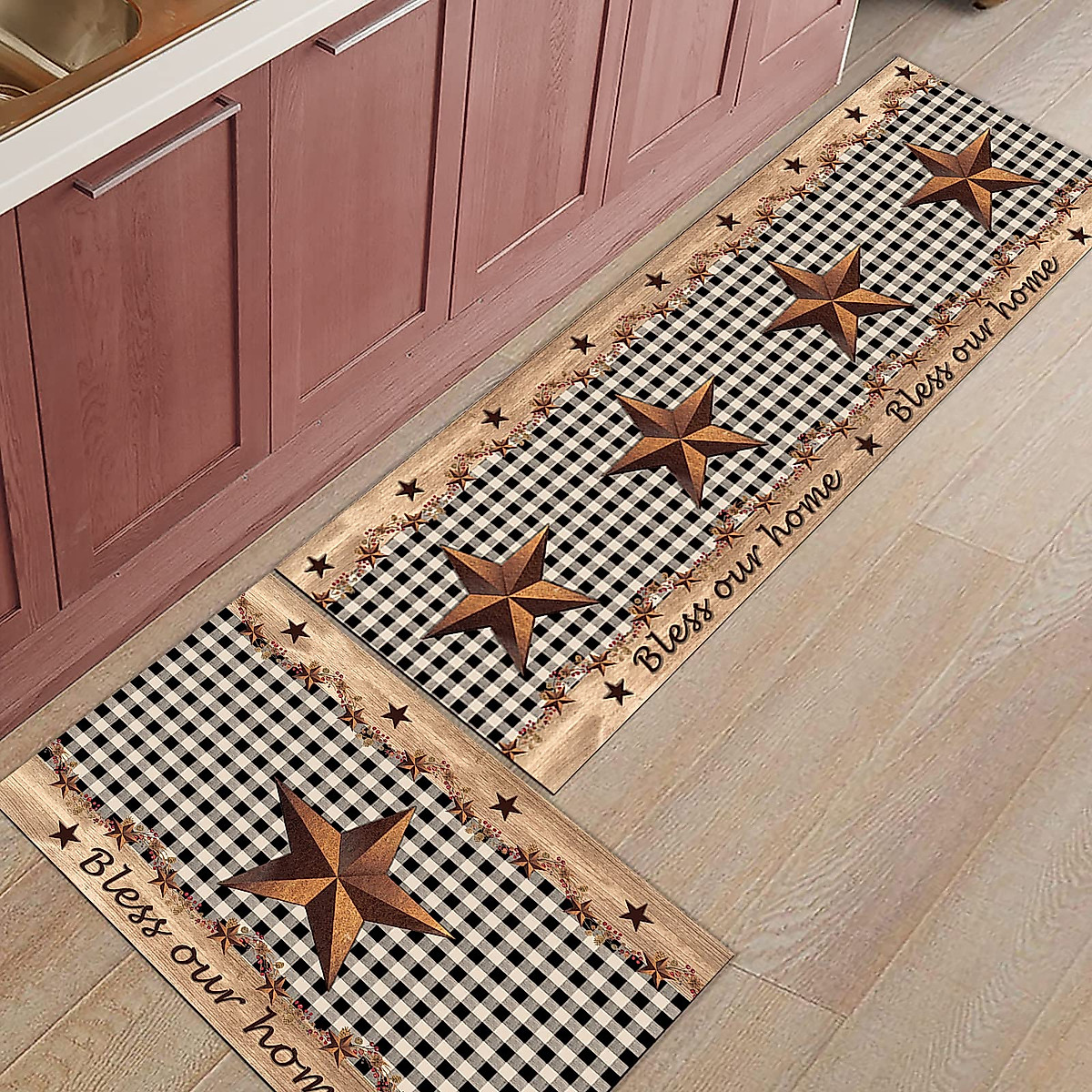 CHARMHOME 2 Pieces Kitchen Rugs and Mats Set Western Texas Star and Primitive Berries Country Wooden Plank Non-Slip Kitchen Mat Washable Doormat Runner Set(15.7"x23.6"+15.7"x47.2")