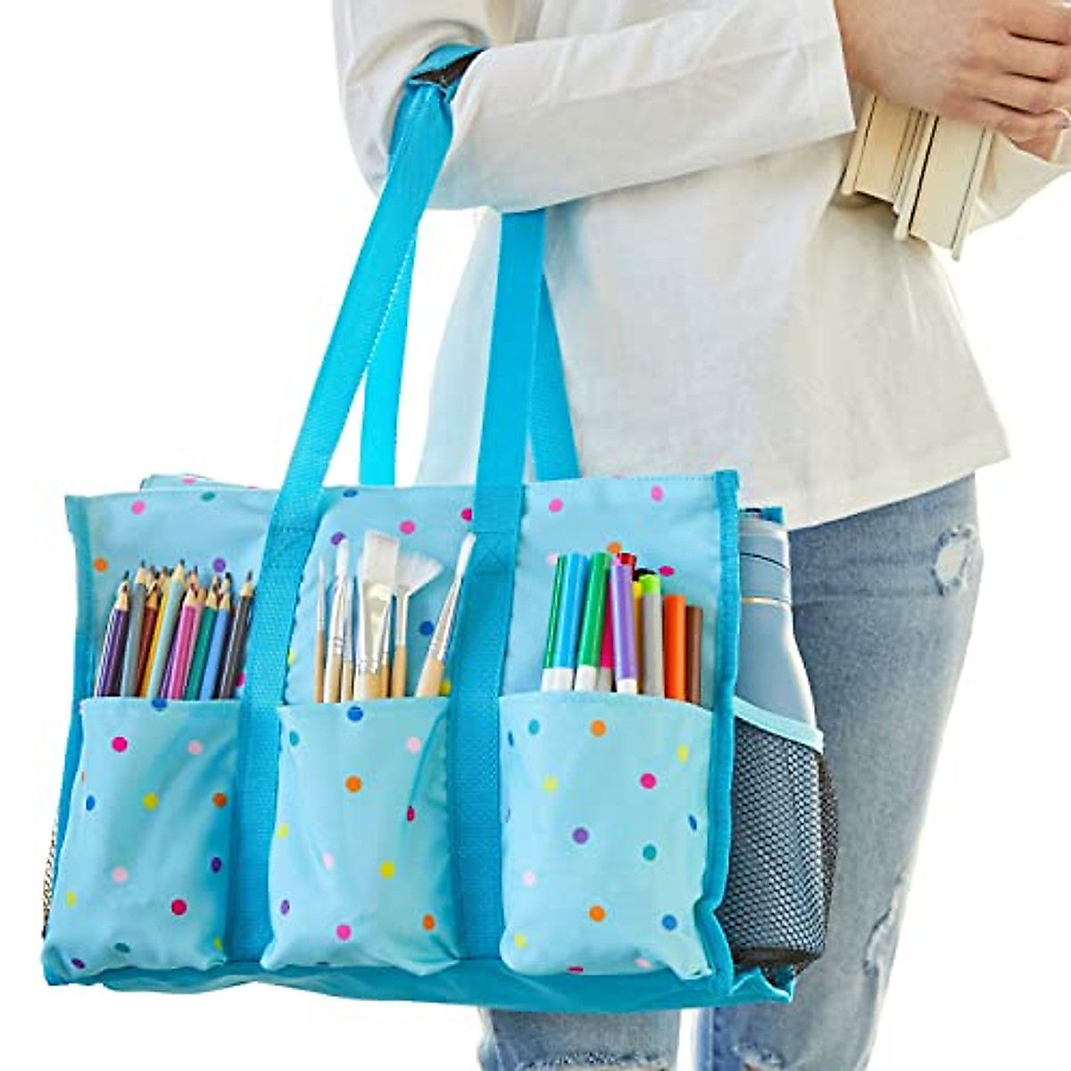 Juvale Large Utility Tote Bag with Pockets, Compartments, and Zip Top for Teachers, Nurses, Crafts, Travel Organization (Light Blue, 14.5 x 10.5 x 6 In)