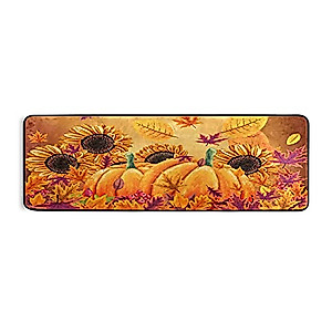 Fall Sunflower Pumpkins Runner Rug Kitchen Autumn Maple Leaf Butterfly Non Slip Doormat Area Rugs Runner Mats for Hallway Bedroom Bathroom Entryway Indoor Living Room Carpet Floor Mat 2X6 ft