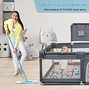 Baby Playpen with Basketball Large Playpen with Mat Playard for Babies Toddlers and Kids Play Pen Indoor & Outdoor Activity 63x63 Inches Extra Baby Play Pen with 100 PCS Ocean Balls