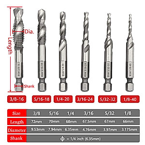 Saiper 6pcs Drill Tap Combination Bit Set (1/8''-3/8'') with 1/4" Hex Shank, HSS 4341 Drill Tap Countersink Screw Thread Bits