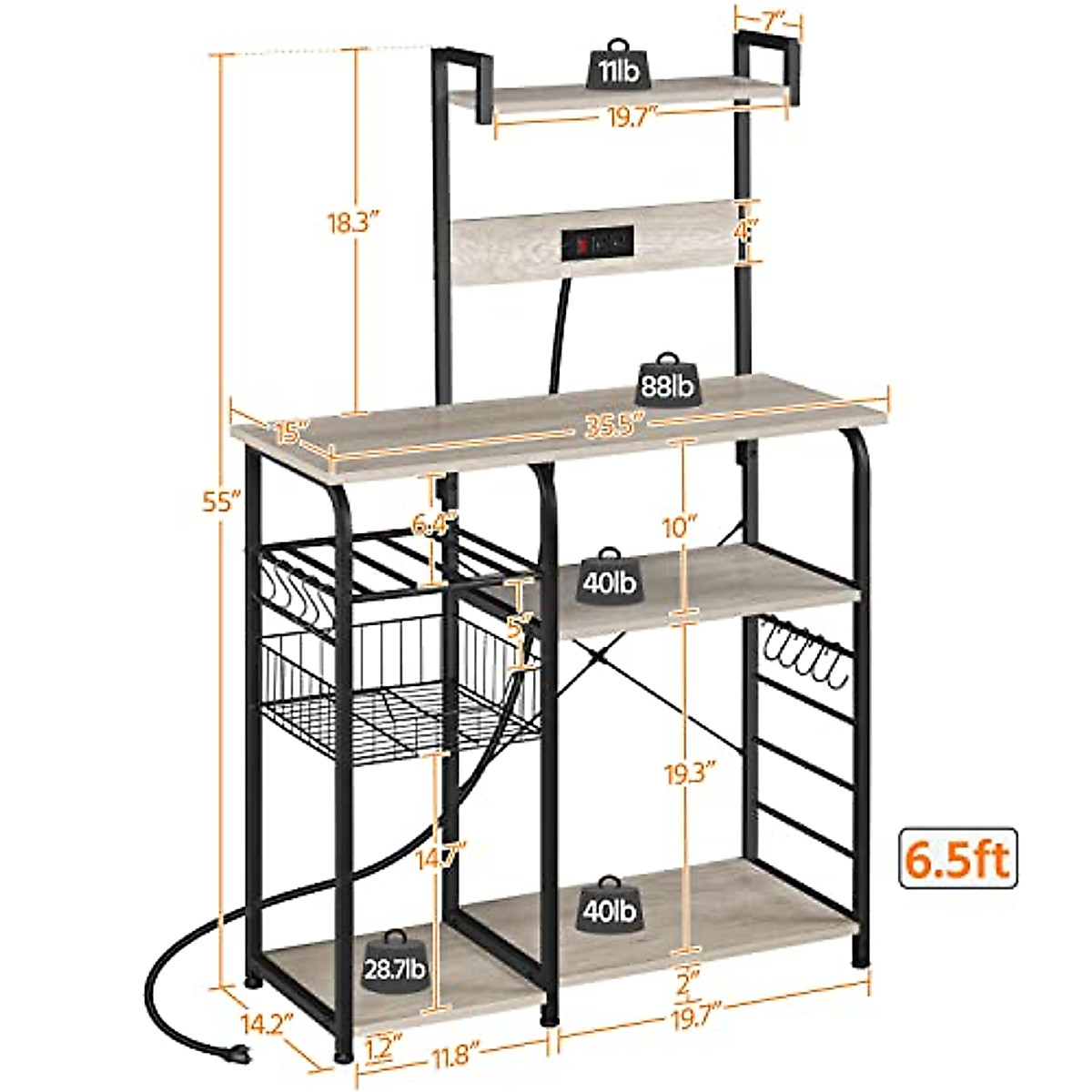 Yaheetech Bakers Rack with Power Outlet, 4-Tier Microwave Stand Cart Coffee Bar with Wire Basket and Wine Storage, Freestanding Kitchen Organizer Rack with 10 Hooks, Gray