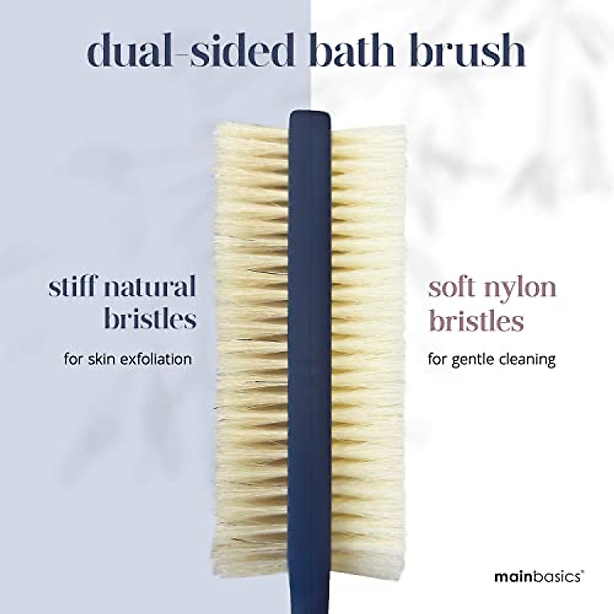 MainBasics Shower Brush Back Scrubber Dual-Sided Body Brush Long Handle with Soft and Stiff Bristles for Dry & Wet Brushing (Navy Blue)