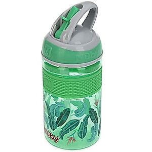 Nuby Thirsty Kids Flip-it Freestyle On The Go Water Bottle with Bite Resistant Hard Straw and Easy Grip Band, Green Banana Leaves, 12 Ounce