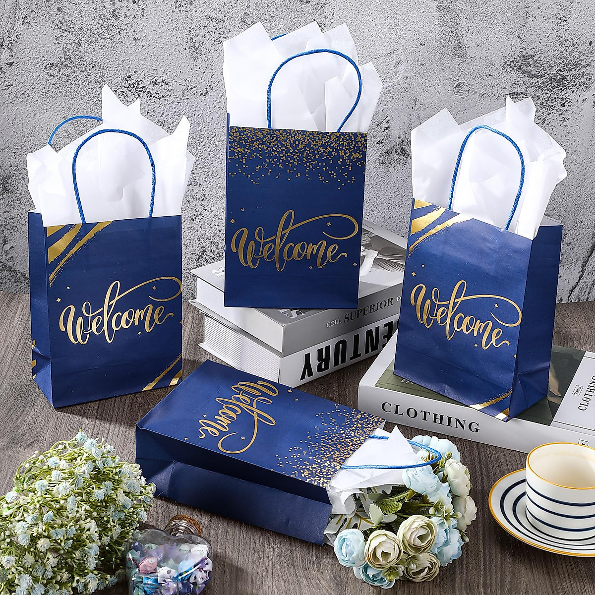 Kosiz 50 Sets Welcome Gift Bags Bulk with Handles and Tissue Paper Welcome to Our Church Gift Bags Kraft Paper Welcome Bags for Wedding Guests Hotel Church Visitors Birthday Party Supplies(Navy Blue)