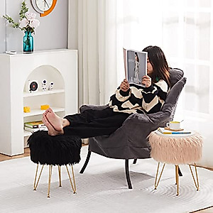 Mxfurhawa Faux Fur Storage Ottoman Round Furry Vanity Stool Marble Grain Tray Coffee Table Compact Footrest Stool with 4 Metal Legs Soft Makeup Seat Foot Stools for Living Room Bedroom Entryway Black