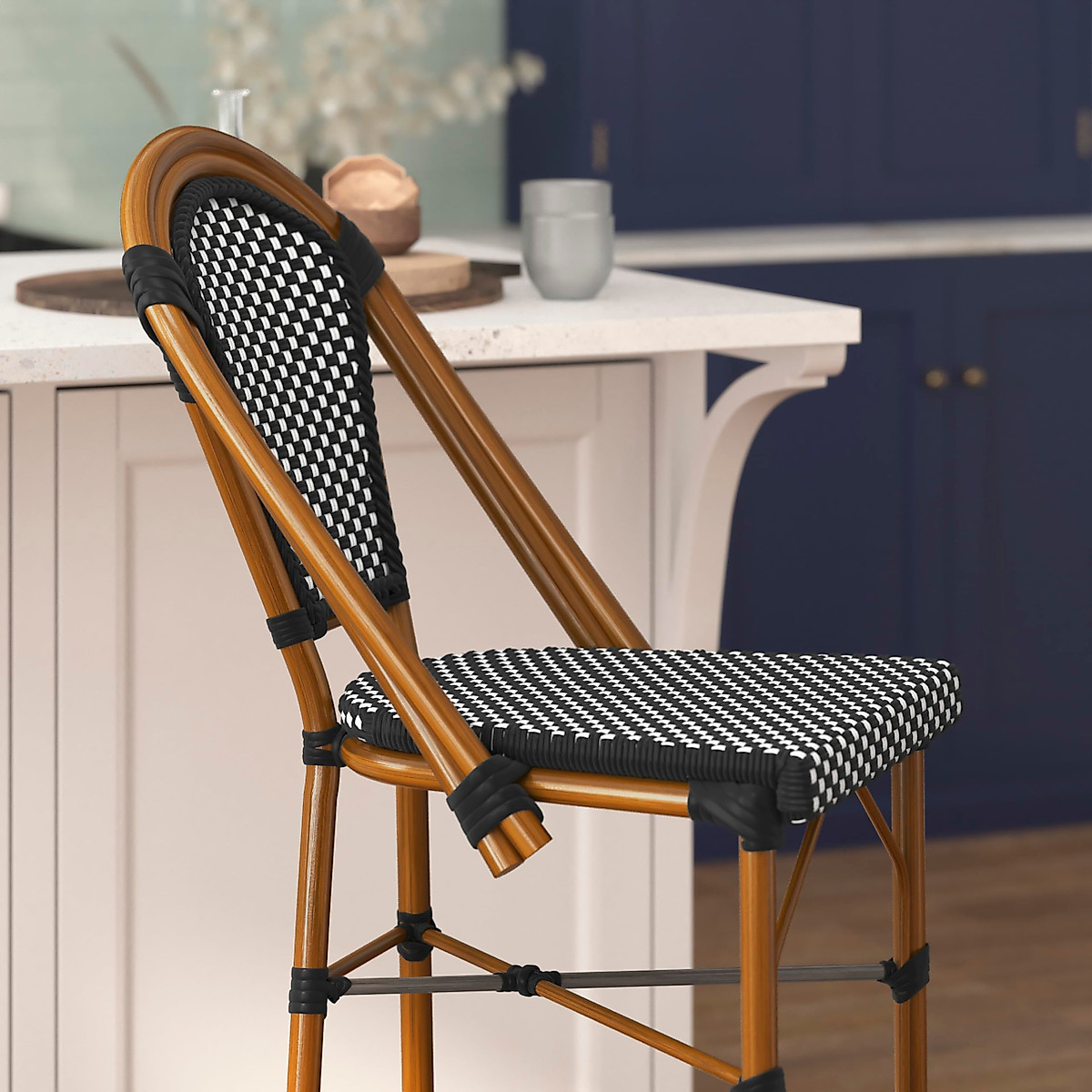 BizChair Set of 2 Stackable Indoor/Outdoor Bistro 30" High Barstools, Commercial Grade, Black/White and Bamboo Finish