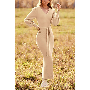 PRETTYGARDEN Women's Fall Knit Pullover Sweater Dress Elegant Long Lantern Sleeve V Neck Winter Maxi Bodycon Dresses (Apricot,Medium)