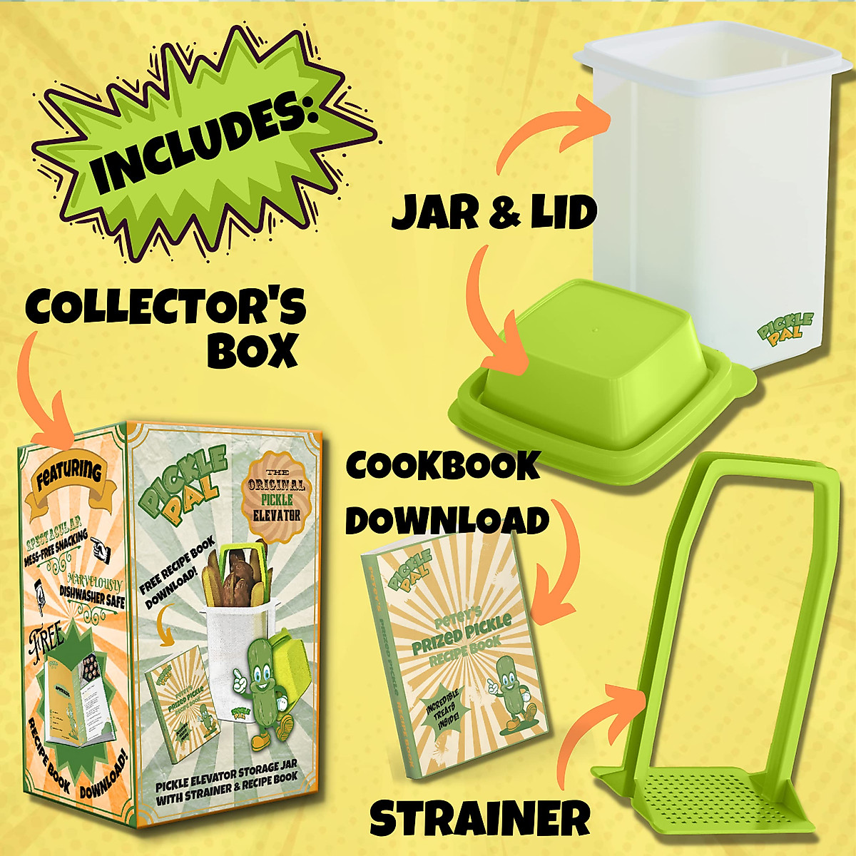 Pickle Pal Pickle Container with Strainer | Jalapeno Container with Pickle Grabber | Pickle Jar with Strainer Flip for Olives, Fruit, Veggie Containers | Pickle Holder 40 oz | Chamoy Pickle Kit