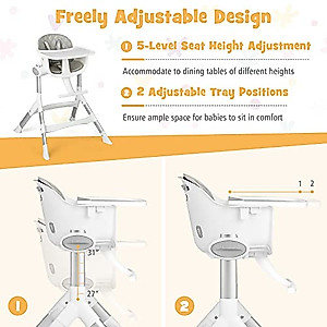 BABY JOY High Chair for Babies & Toddlers, Adjustable Convertible Baby Highchair w/ 5 Heights, Removable Dishwasher Safe Tray, Footrest, 5-Point Safety Harness & Waterproof Seat Cushion, 6-36 Months