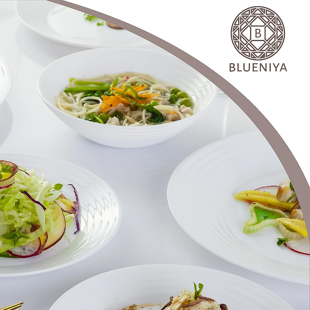 Blueniya 12 Piece White Opal Dinnerware Set, Opal Dinner Set, Kitchen Non-Toxic, Scratch & Chip Resistant, Microwave, Dishwasher Safe - 4pc Dinner Plate, 4pc Salad Plate, 4pc Cereal Bowl