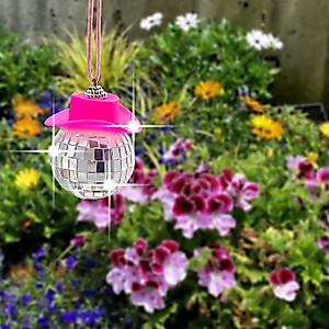 Disco Ball Car Accessory,Disco Ball Car Mirror Ornament,Disco Ball for Car,Car Disco Ball for Rear View Mirror,Bling Disco Ball Cowboy Hat Car Accessory, (Pink)