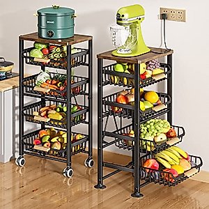 Fruit Basket for Kitchen, 5 Tier Large Pull-out Wire Basket With Wood Top and Wheels, Kitchen Storage Cart for Fruit Vegetable Onions Potatoes Banana, Black