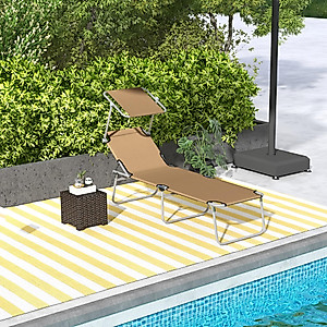 Outsunny Outdoor Lounge Chair, Adjustable Folding Chaise Lounge, Tanning Chair with Sun Shade for Beach, Camping, Hiking, Backyard, Tan