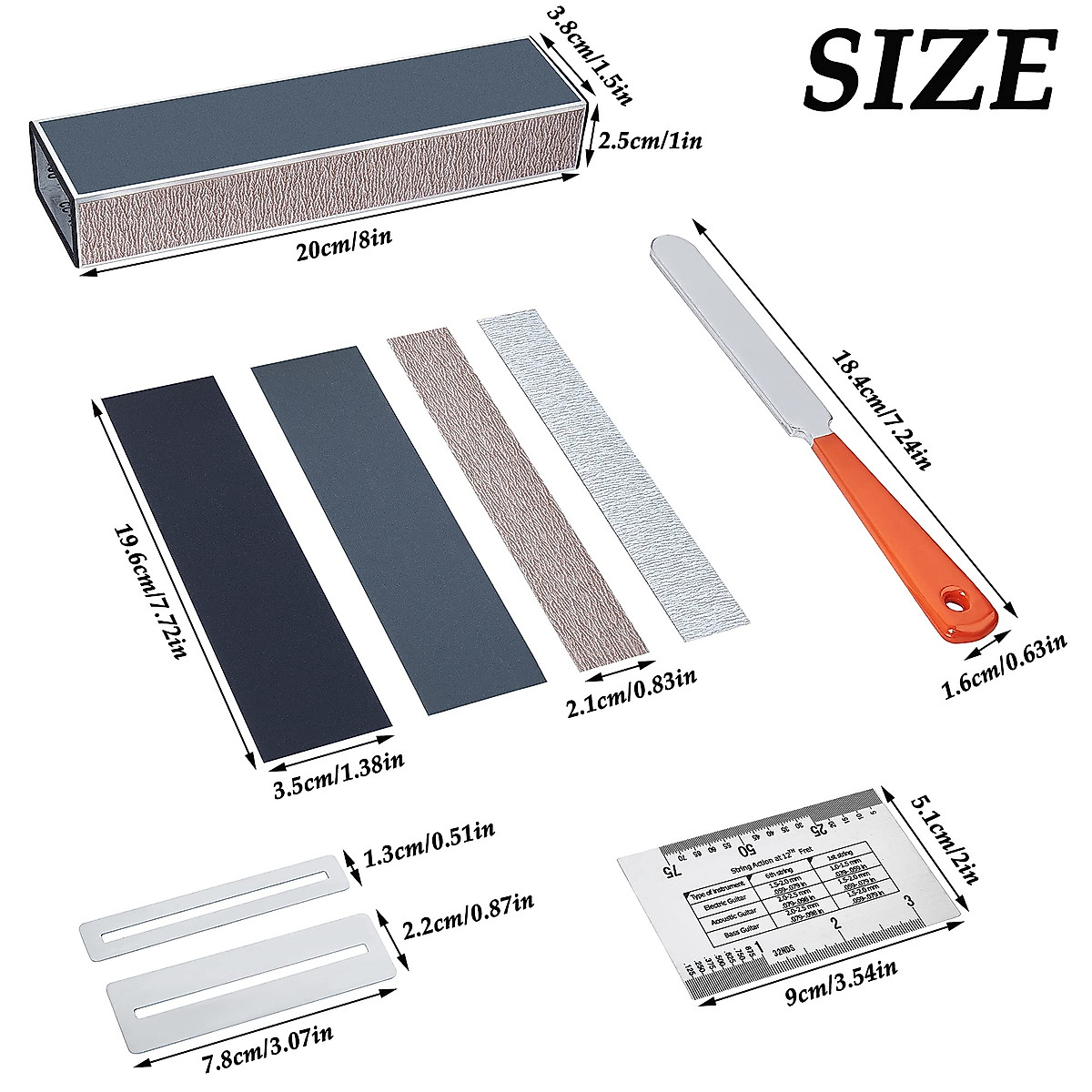MIECOO 19PCS Guitar Repair Tool Kit with 8 Inch Guitar Fret Leveling Beam, 9 Understring Radius Gauge, Fret Crowning File, String Action Ruler Gauge, Fretboard Guard, Screwdriver and Sandpapers