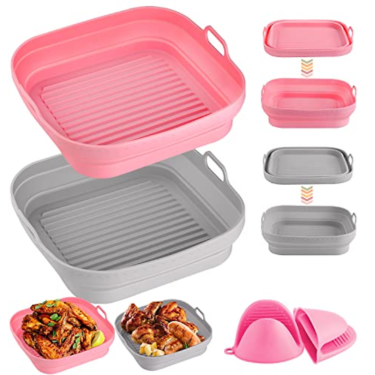 2 Pack Air Fryer Silicone Liners Square Reusable，8.2 Inch Foldable Food Safe Air Fryer Silicone Pot, Non Stick Air Fryer Accessories for Oven , Fits 4 to 7 QT Air Fryer Basket, With Heat-proof Gloves