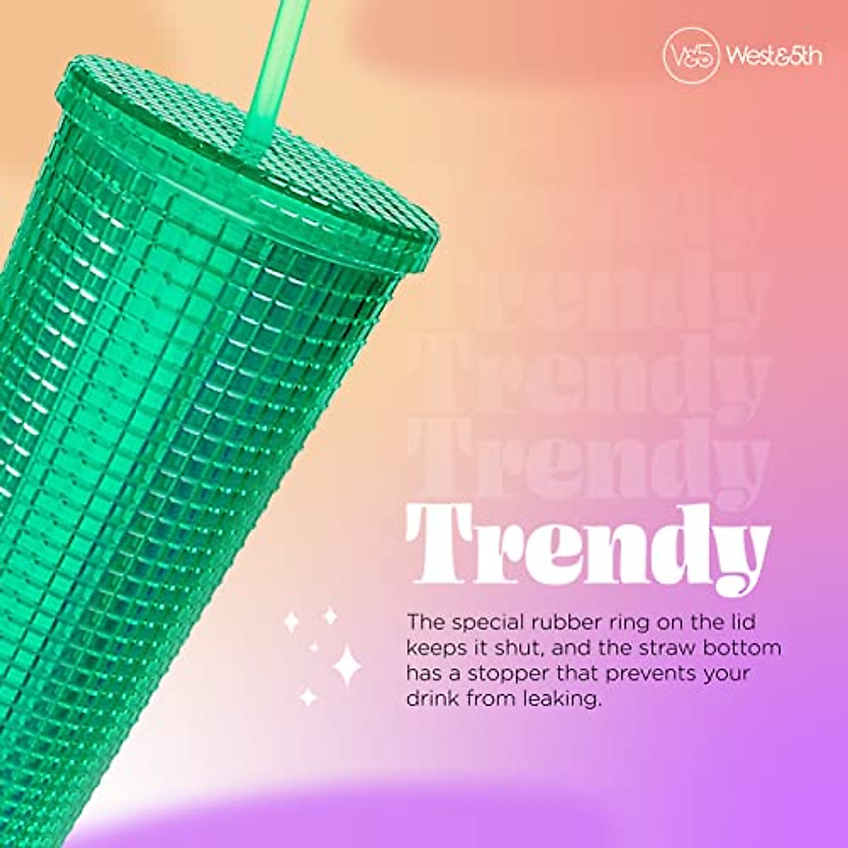 WEST & FIFTH Grid Plastic Cold-Cup Tumbler with Straw, Iridescent Semi-Transparent Square-Textured Cup, BPA-Free Double-Wall Cup for Iced Coffee, Cold Drinks, or Water, 24oz., Mint