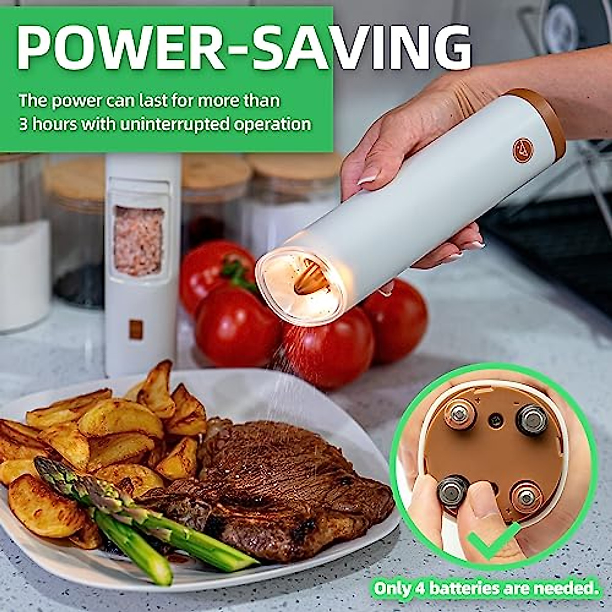 GATGOODS Gravity Electric Salt and Pepper Grinder Set, Adjustable Coarseness, Warm LED Light, One-handed Automatic Operation, Battery Powered, White, Electric Pepper Mills