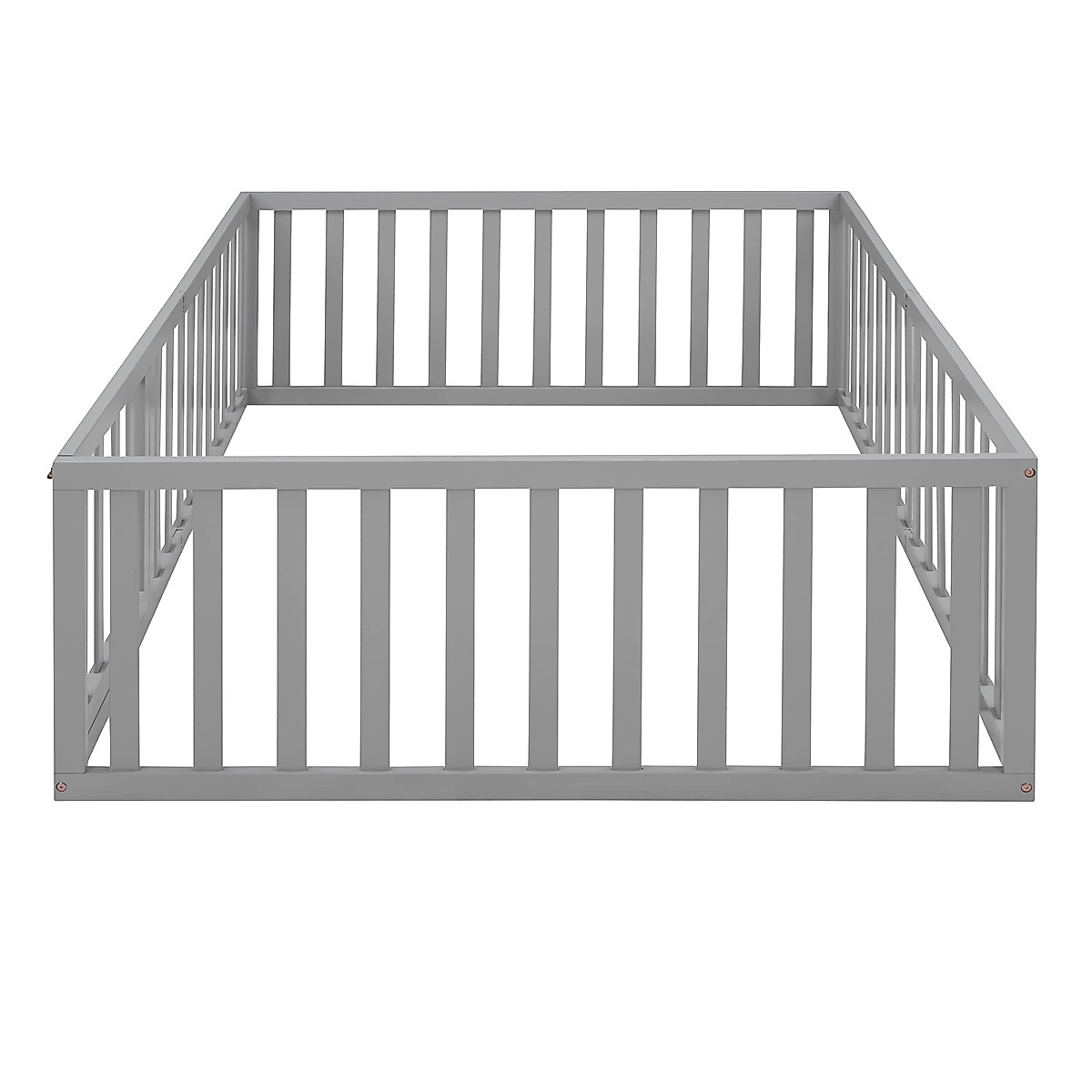 BestLM Full Size Montessori Wood Floor Bed Frame with Rails and Lockable Door for Kids, Gray